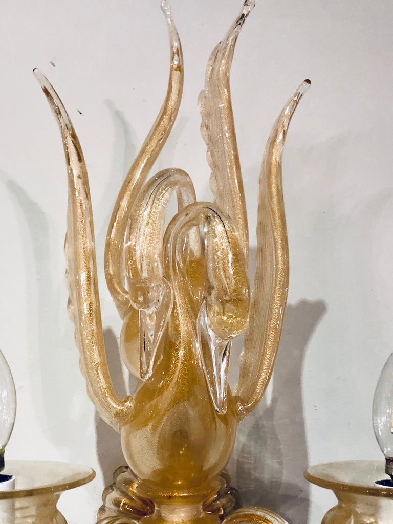 Pair of Large Archimede Seguso Gold Flecked Swan Sconces Signed and ...