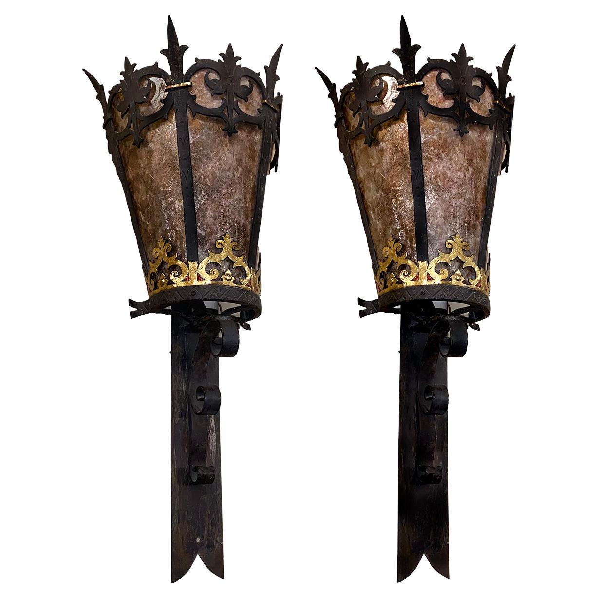 Pair of Arts and Crafts Sconces with Carnival Glass Shades at 1stDibs