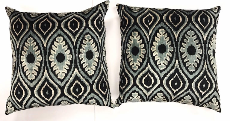 Pair of Large Black and Blue Silk Ikat Pillows For Sale at 1stDibs