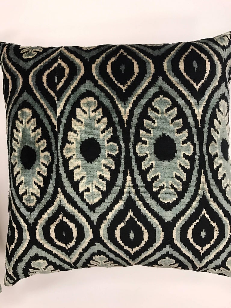 Pair of Large Black and Blue Silk Ikat Pillows For Sale at 1stDibs