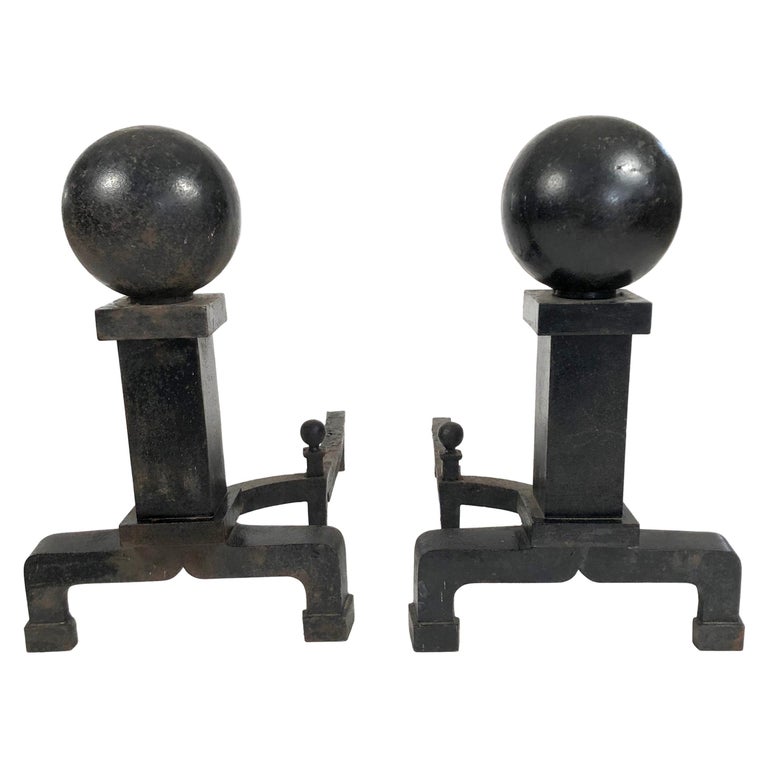 Pair of Large Black Cast Iron Ball Andirons at 1stDibs