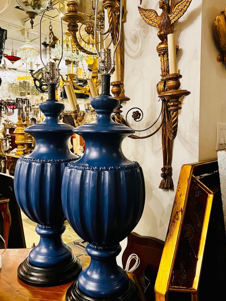Pair of Large Blue Porcelain Lamps For Sale at 1stDibs