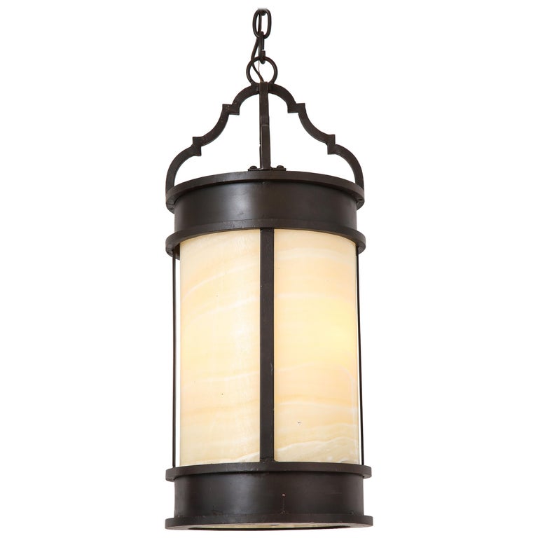 Pair of Large Bronzed Iron and Alabaster Lanterns at 1stDibs