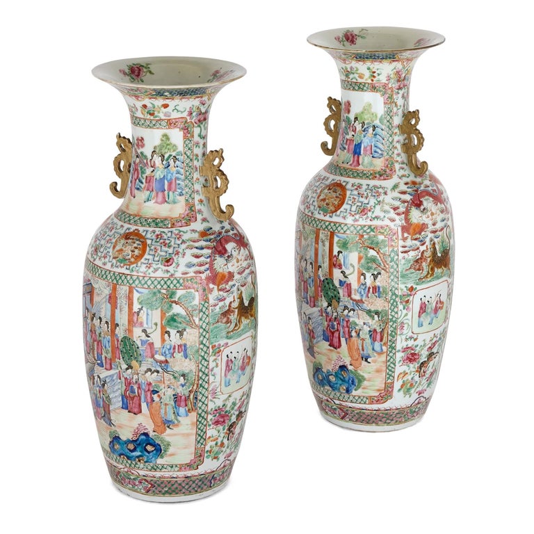 Pair of Large Canton Style Famille Rose Chinese Porcelain Vases For ...