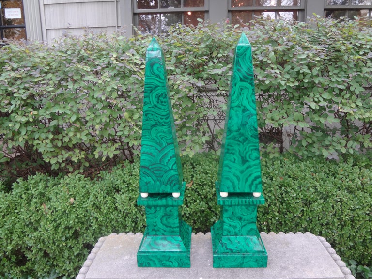 Pair of Large Carved Wood Faux Malachite Obelisks For Sale at 1stDibs
