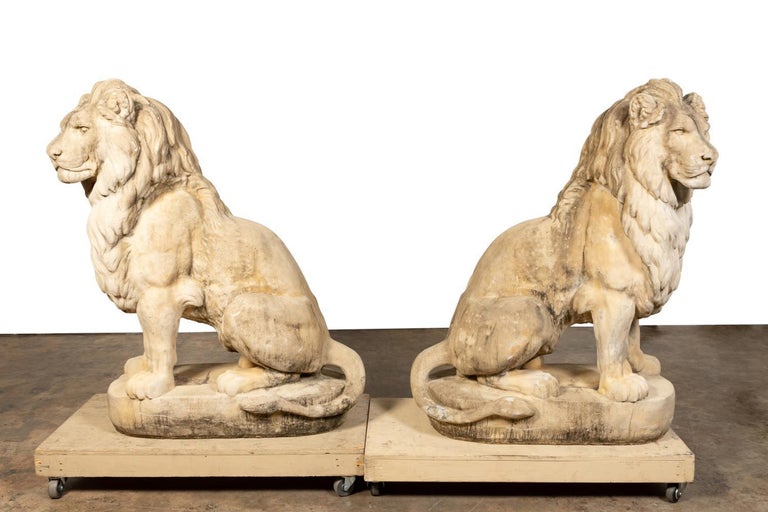 Pair of Large Cast and Carved Stone Lions For Sale at 1stDibs