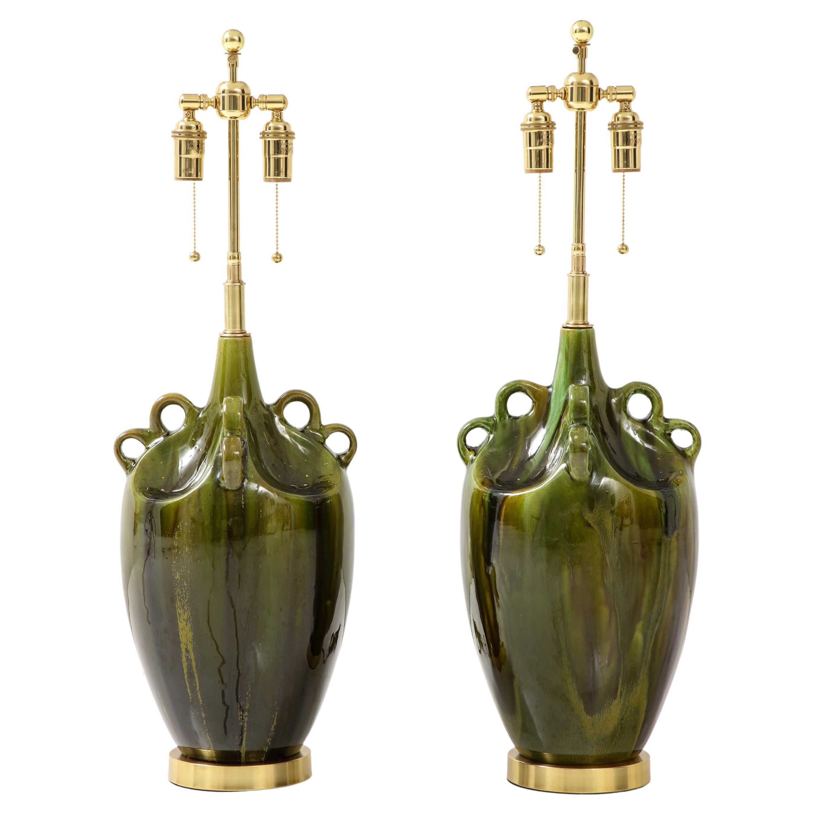 Pair of Large Ceramic Lamps with a Beautiful Drip Glazed Finish. For ...