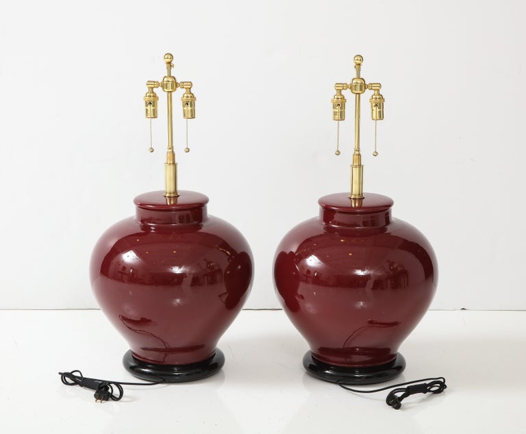 Pair of Large Ceramic Lamps with a Rich Burgundy Glaze Finish For Sale ...