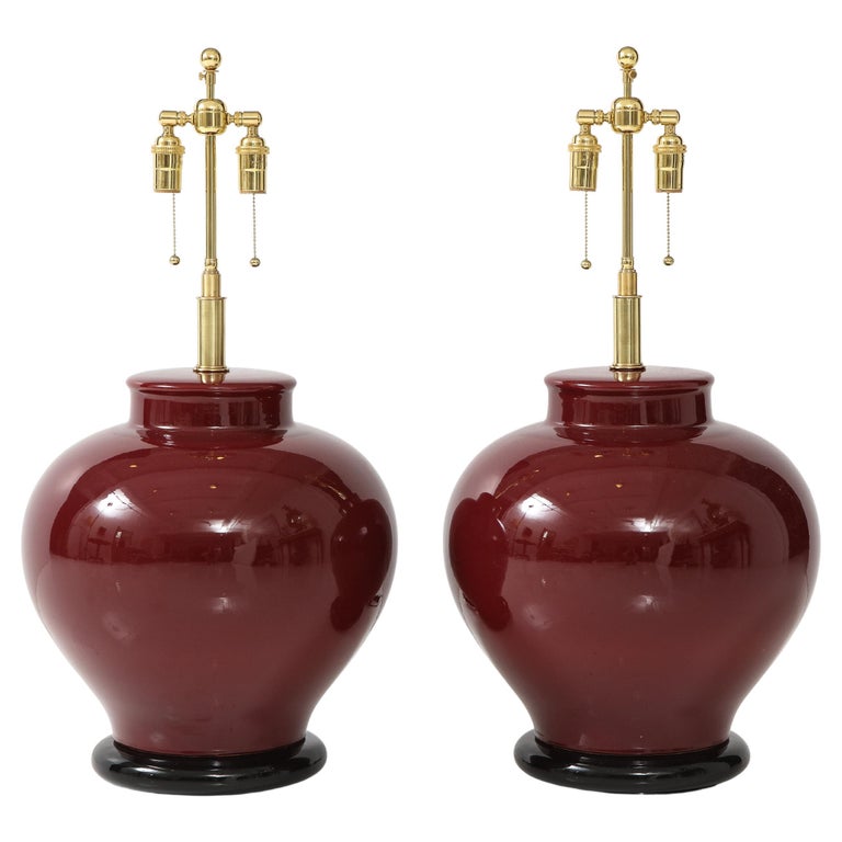 Pair of Large Ceramic Lamps with a Rich Burgundy Glaze Finish For Sale ...