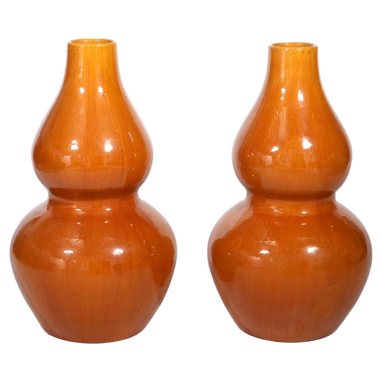 Pair of LARGE Chinese 20th Ct. Double Gourd Orange Glazed Ceramic Vases ...