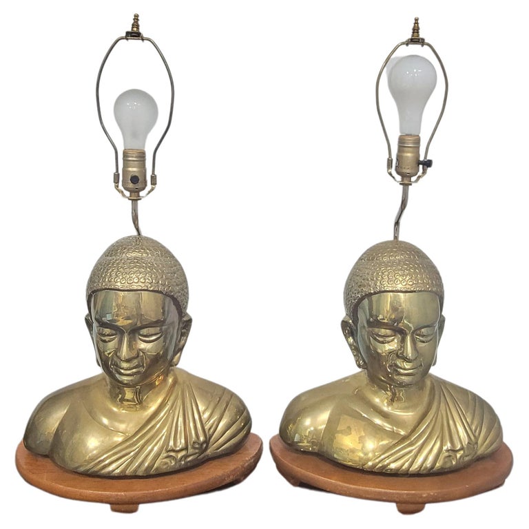 Pair of Large Chinese Bronze Buddha Bust Table Lamps For Sale at 1stDibs