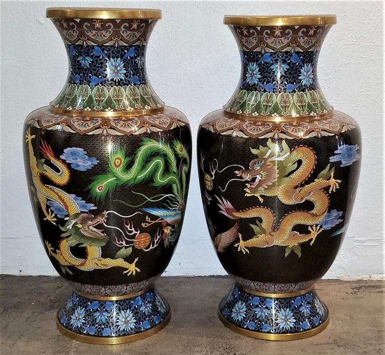 Pair of Large Chinese Bronze Cloisonné Dragon and Phoenix Vases For ...