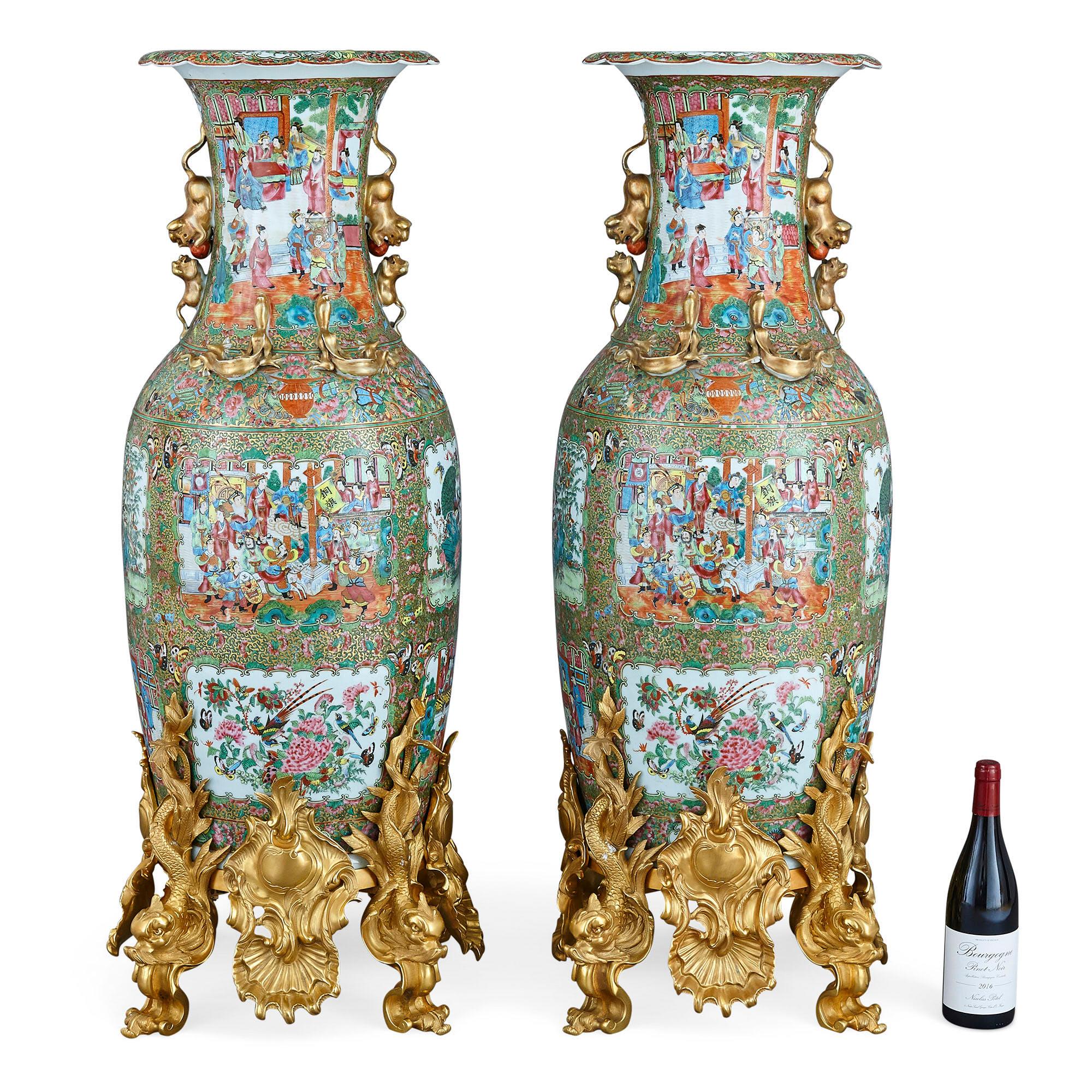 Pair of Large Chinese Canton Famille Verte Ormolu Mounted Porcelain ...