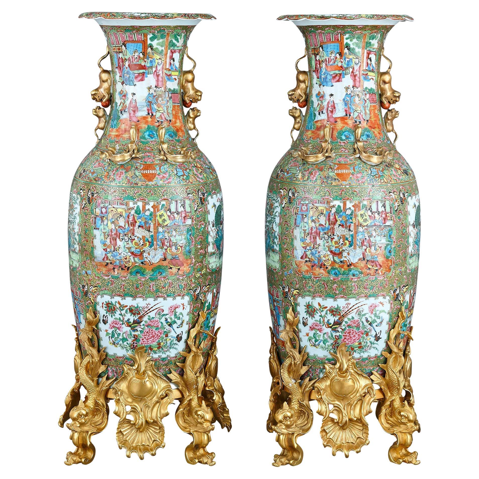 Pair of Large Chinese Canton Famille Verte Ormolu Mounted Porcelain ...