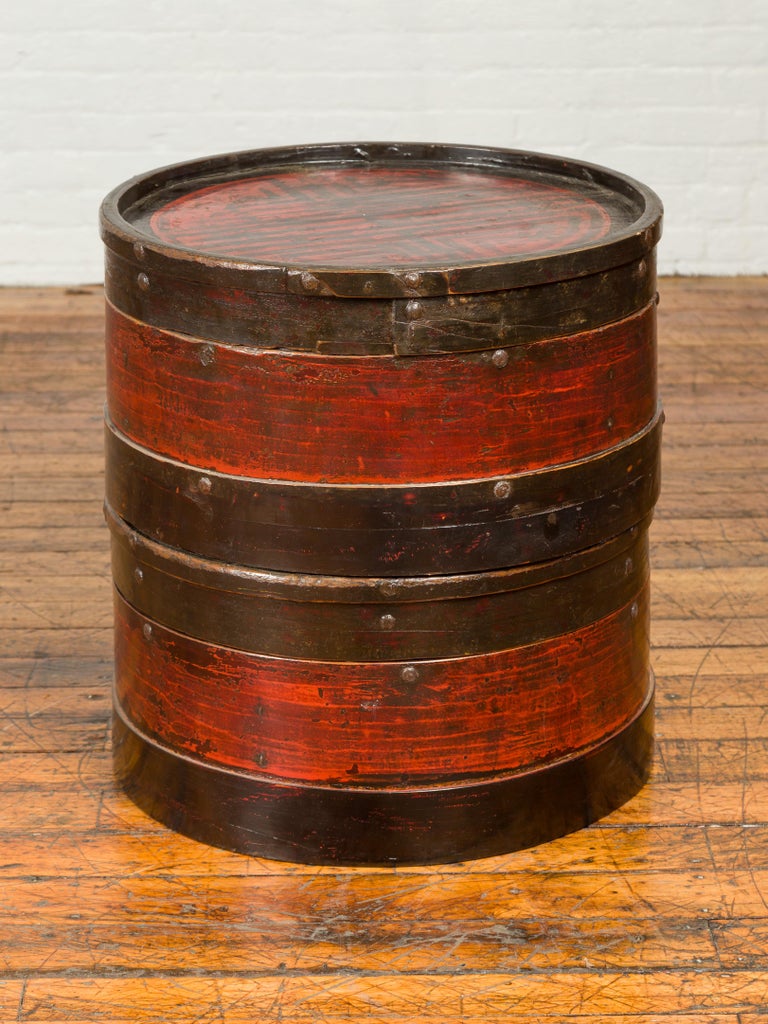 Pair of Large Chinese Lacquered Wood Lidded Drum Tables with Geometric ...