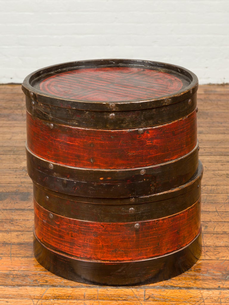 Pair of Large Chinese Lacquered Wood Lidded Drum Tables with Geometric ...