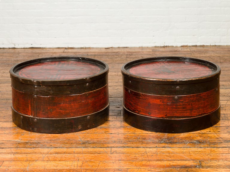Pair of Large Chinese Lacquered Wood Lidded Drum Tables with Geometric ...