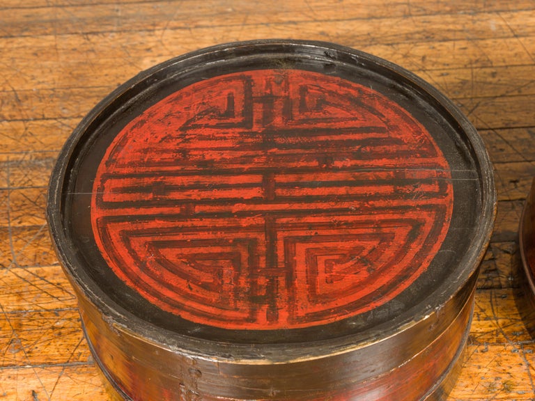 Pair of Large Chinese Lacquered Wood Lidded Drum Tables with Geometric ...
