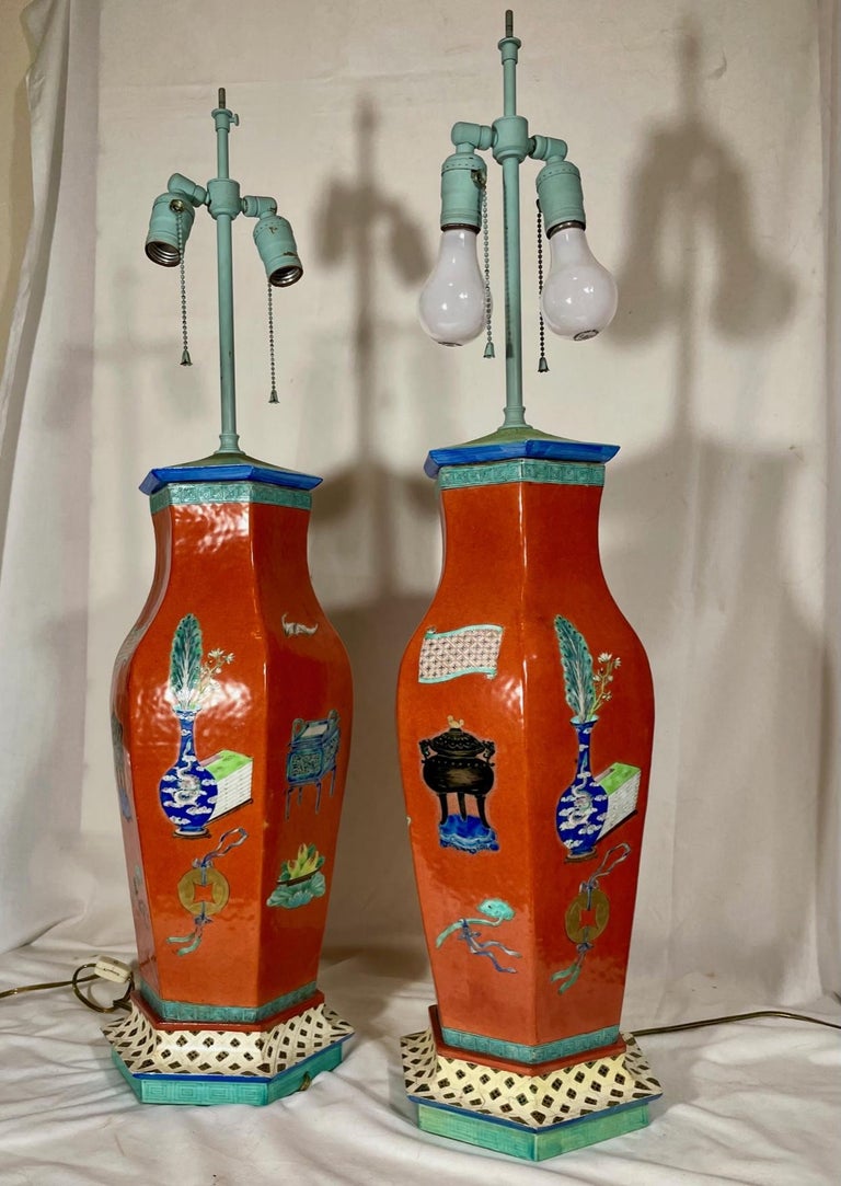 Pair of Large Chinese Porcelain Lamps Coral-Red, Qing Dynasty at 1stDibs