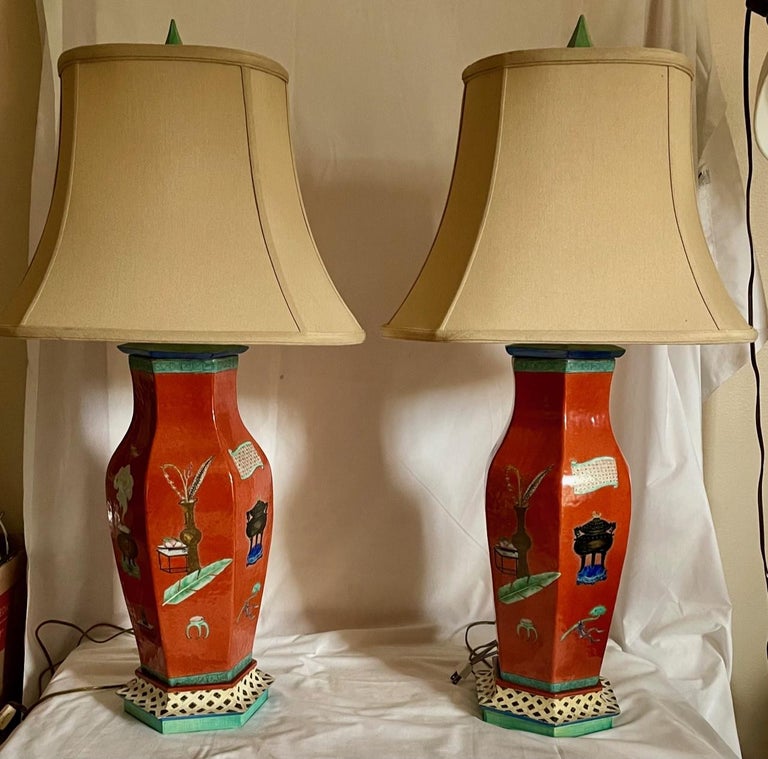 Pair of Large Chinese Porcelain Lamps Coral-Red, Qing Dynasty at 1stDibs