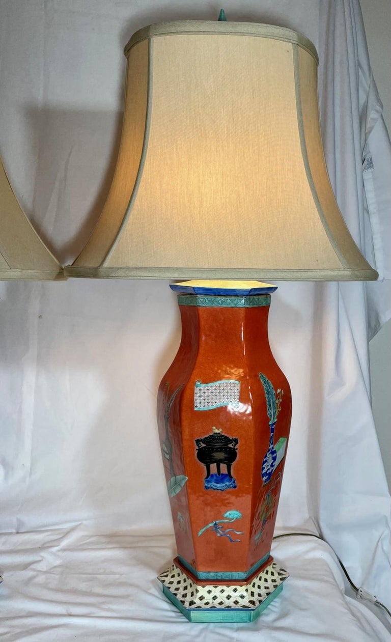 Pair of Large Chinese Porcelain Lamps Coral-Red, Qing Dynasty at 1stDibs