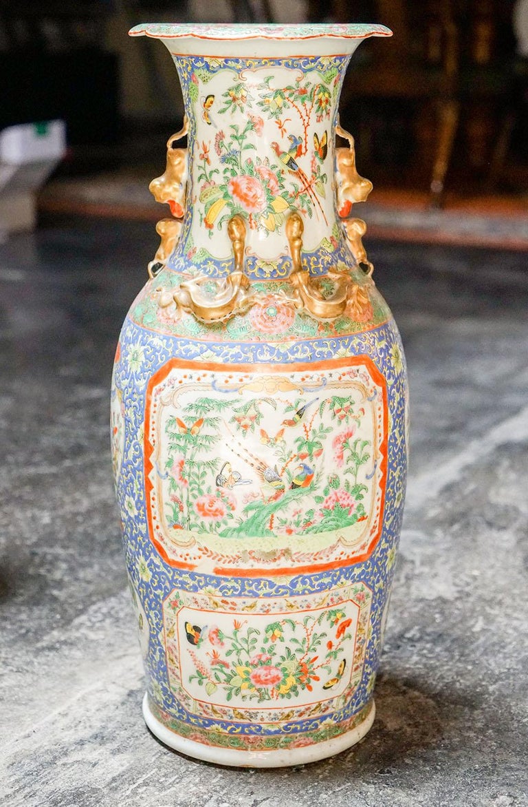 Pair of Large Chinese Porcelain Rose Canton Vases For Sale at 1stDibs