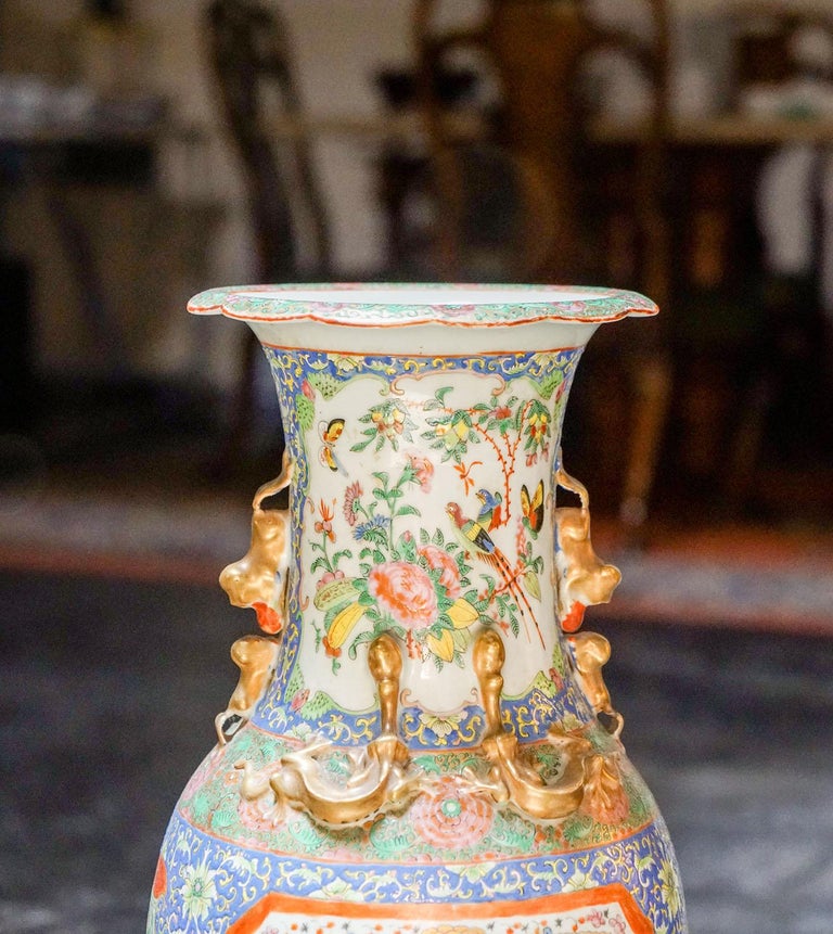 Pair of Large Chinese Porcelain Rose Canton Vases For Sale at 1stDibs