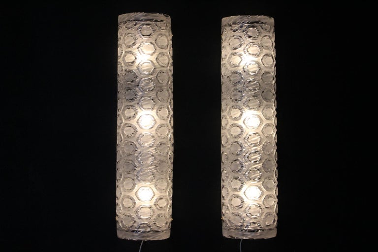Pair of Large Clear and White Textured Murano Glass Cylinder Wall ...