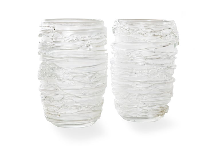 Pair of Large Clear Iridescent Textured Murano Glass Vases For Sale at ...