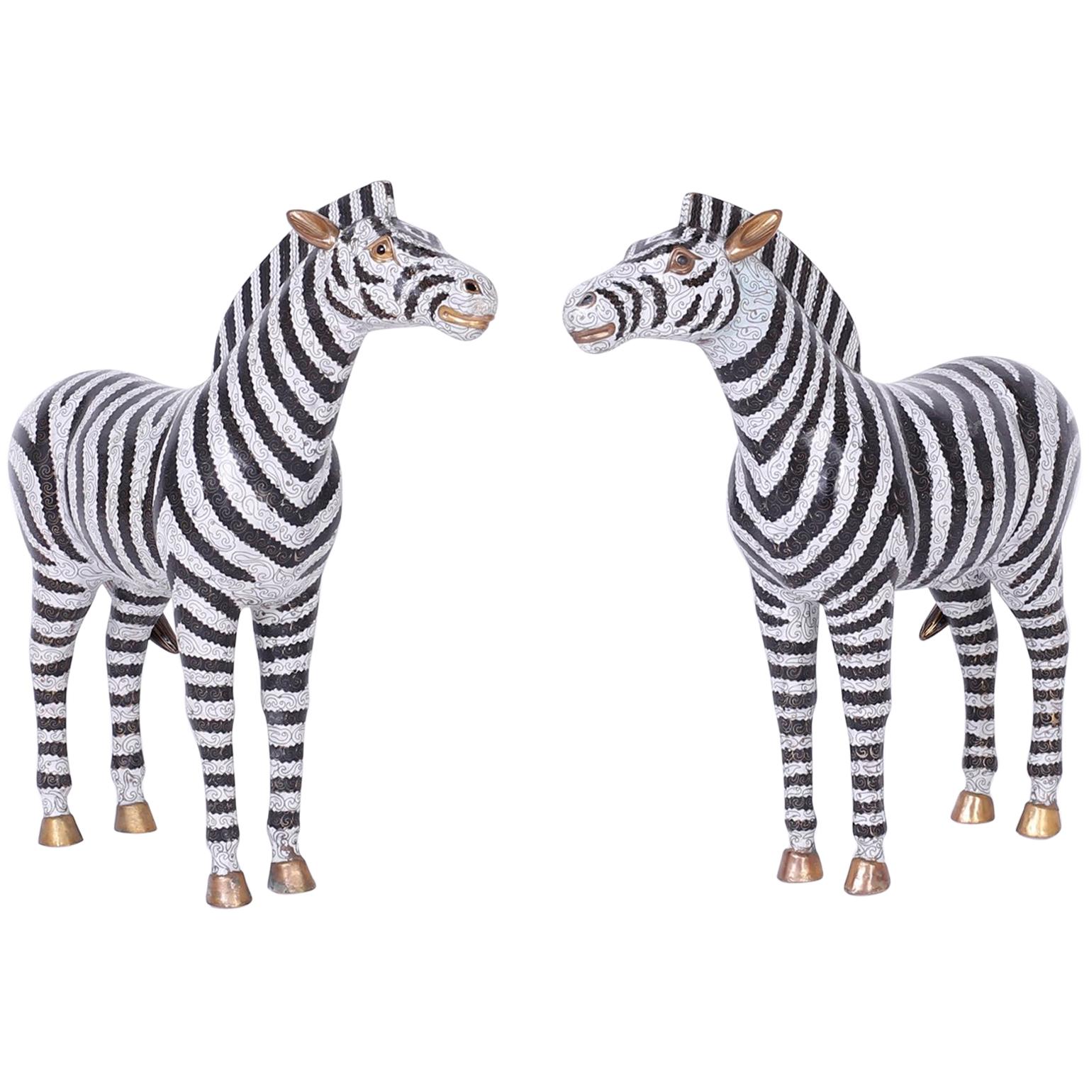 Pair of Large Cloisonné and Brass Zebras at 1stDibs