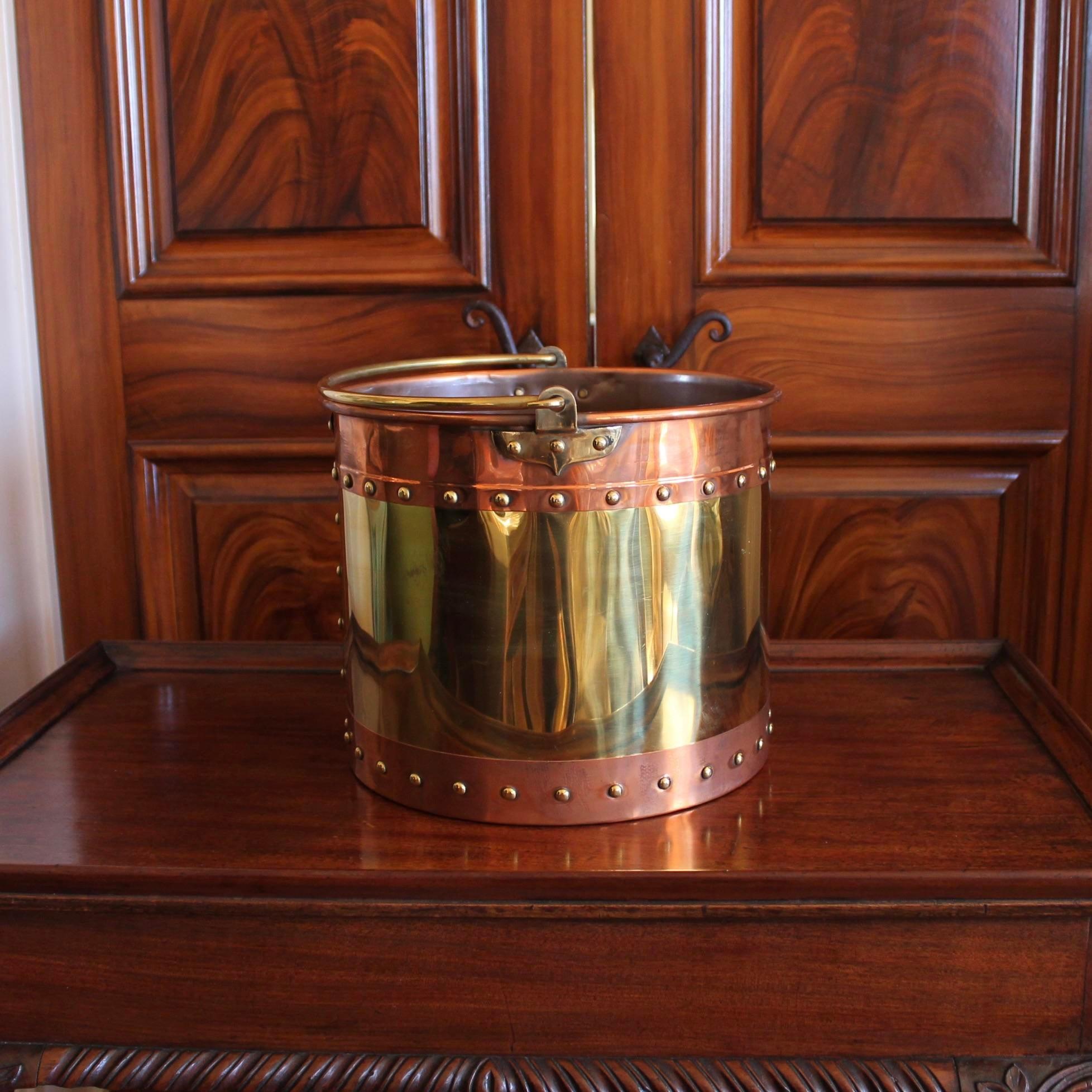 Pair of Large Copper and Brass Studded Kindling Buckets For Sale at 1stDibs