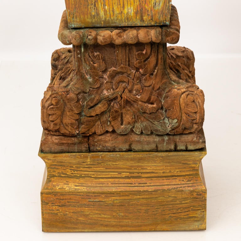 Pair of Large Copper Pedestals with Wooden Carved Bases For Sale at 1stDibs