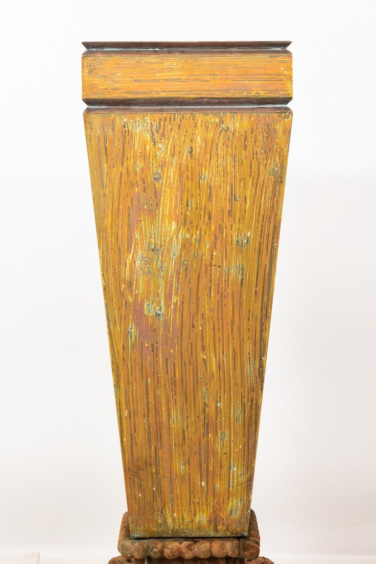 Pair of Large Copper Pedestals with Wooden Carved Bases For Sale at 1stDibs