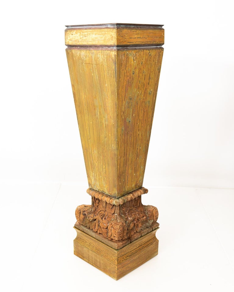 Pair of Large Copper Pedestals with Wooden Carved Bases For Sale at 1stDibs