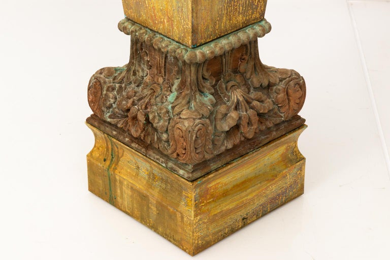 Pair of Large Copper Pedestals with Wooden Carved Bases For Sale at 1stDibs