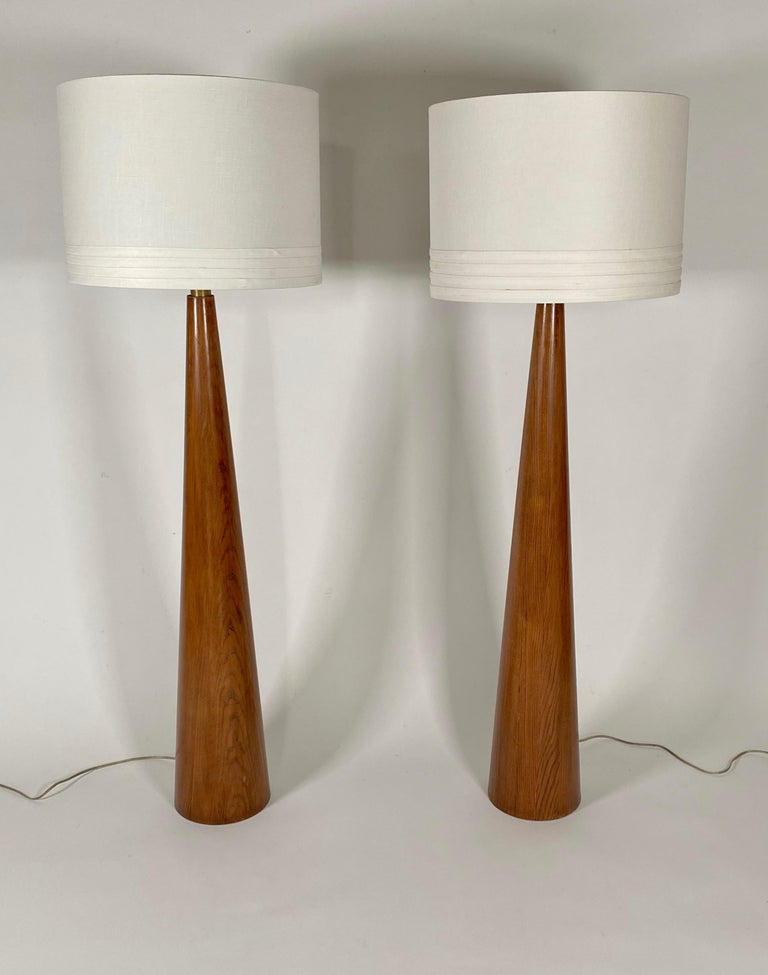 Pair of Large Custom Made Reverse Taper Turned Wood Floor Lamps at 1stDibs