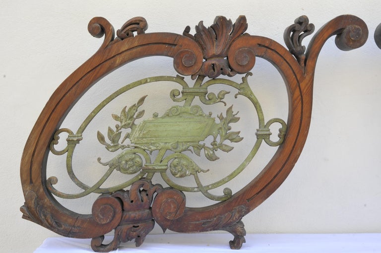 Pair of Large Decorative Elements in Carved Wood and Wrought Iron For ...