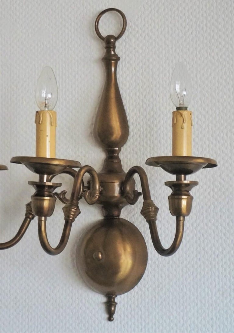 Pair of Large Dutch Flemish Brass Three Branch Wall Sconces at 1stDibs