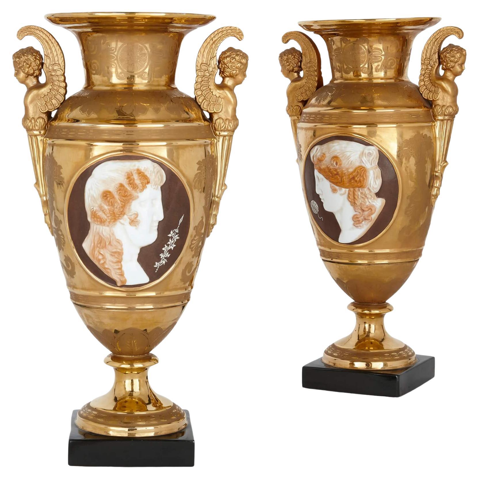 Two Empire Period Gilt Porcelain Vases by Dihl Et Guérhard For Sale at ...