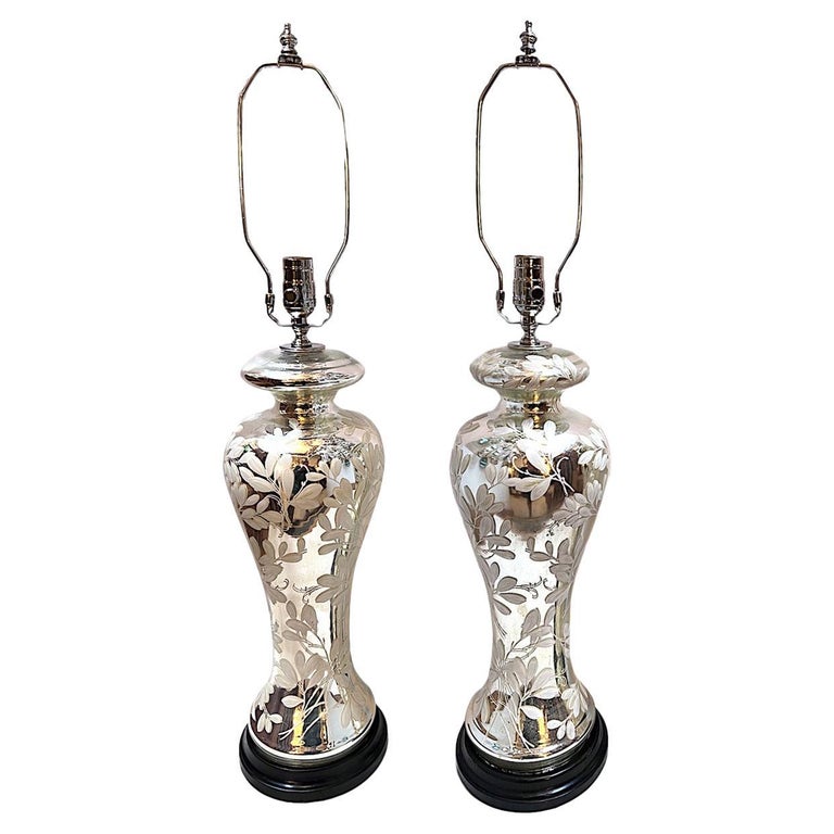 Pair of Large Etched Mercury Glass Lamps For Sale at 1stDibs