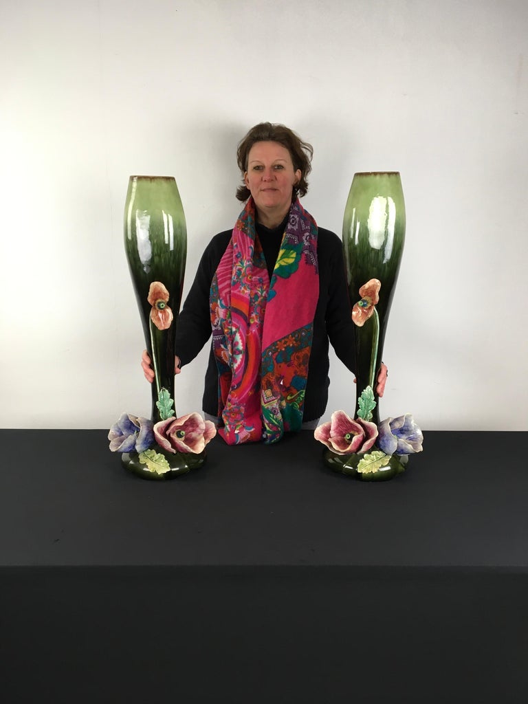 Pair of Large Floral Applique Glazed Ceramic Vases For Sale at 1stDibs