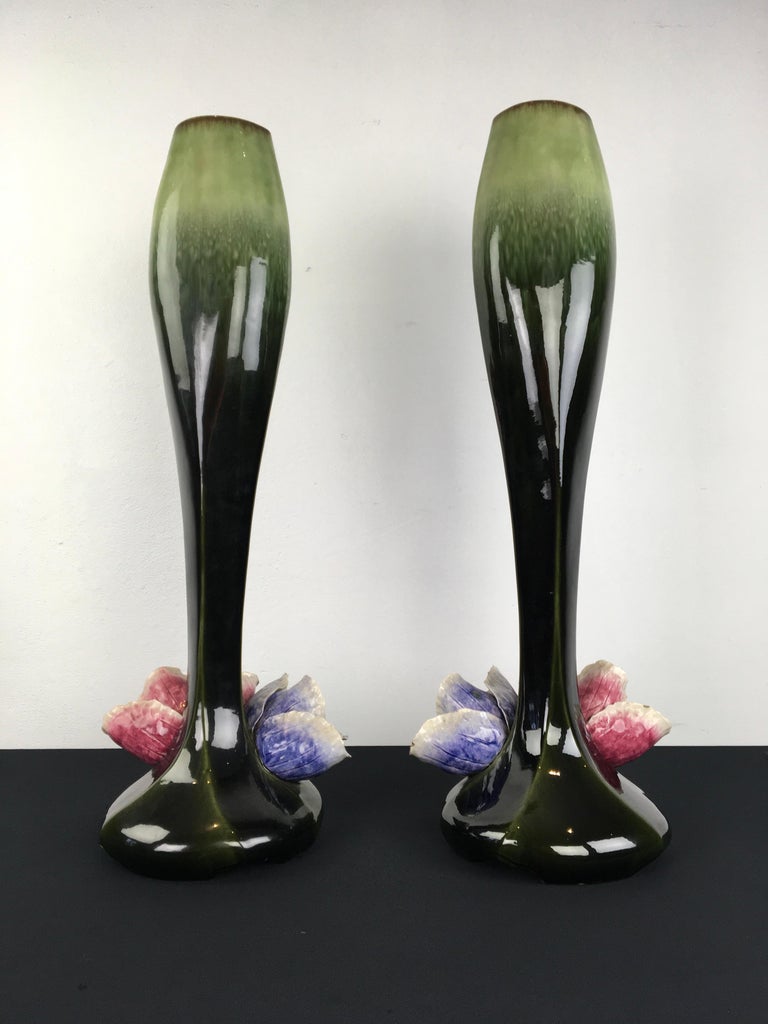 Pair of Large Floral Applique Glazed Ceramic Vases For Sale at 1stDibs