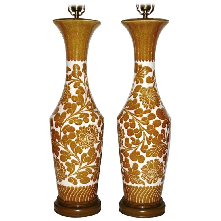 Pair of Large Floral Porcelain Table Lamps For Sale at 1stDibs