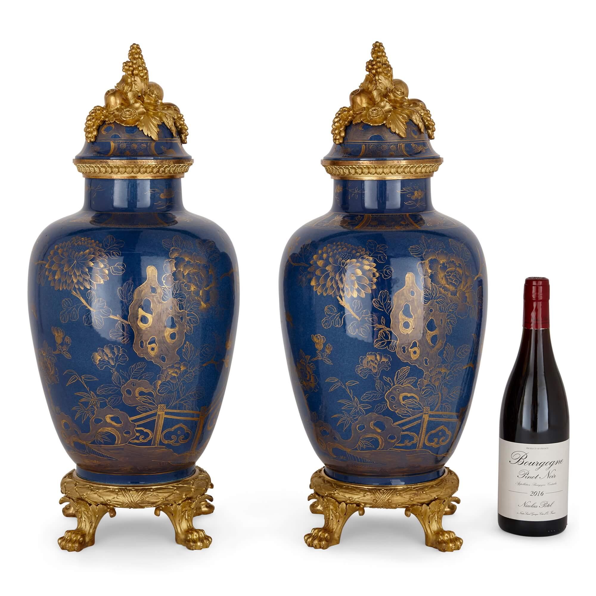 Pair of Large French and Chinese Ormolu Mounted Gilt Porcelain Vases ...