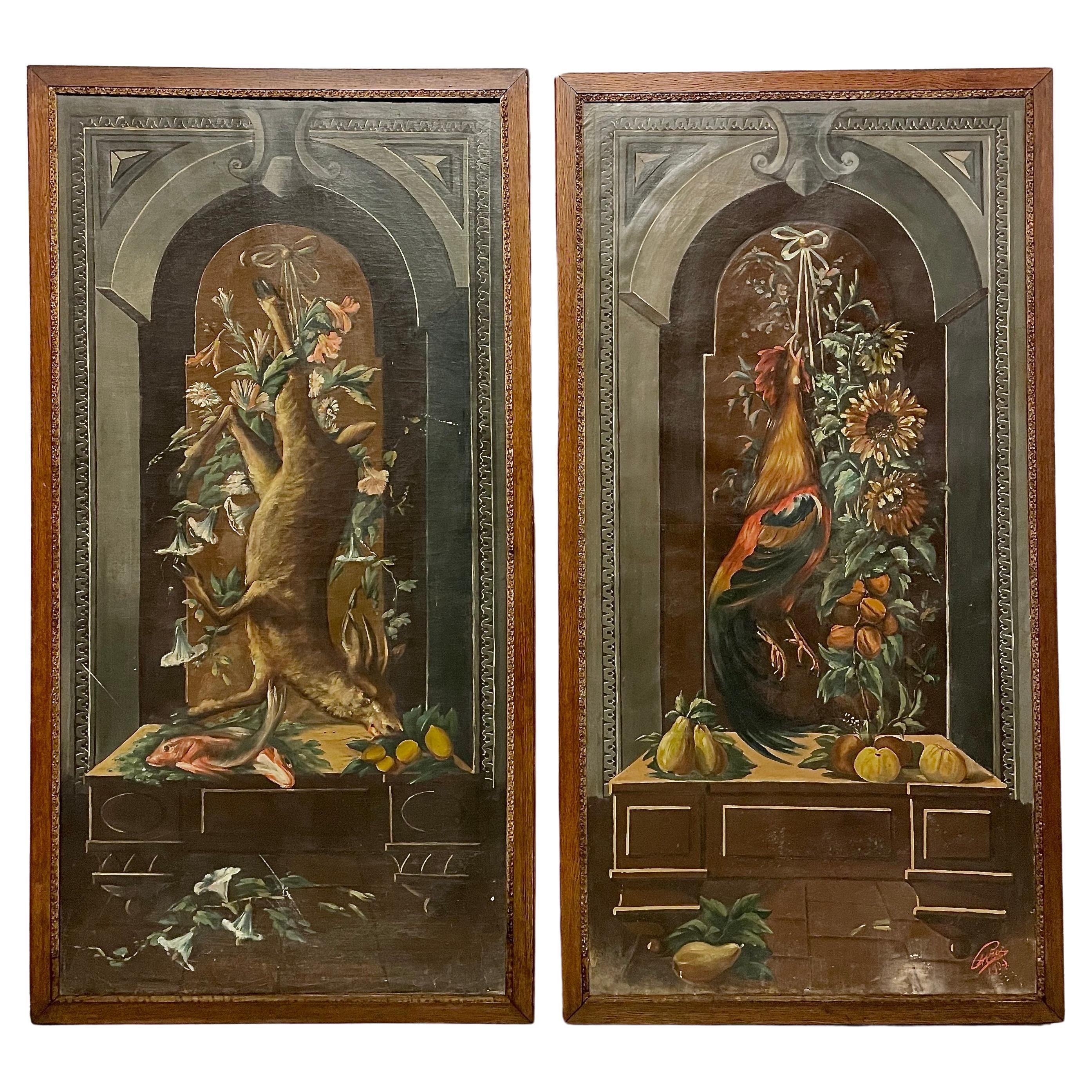 Large French Hunting Lodge Game Paintings, Set of 4 at 1stDibs