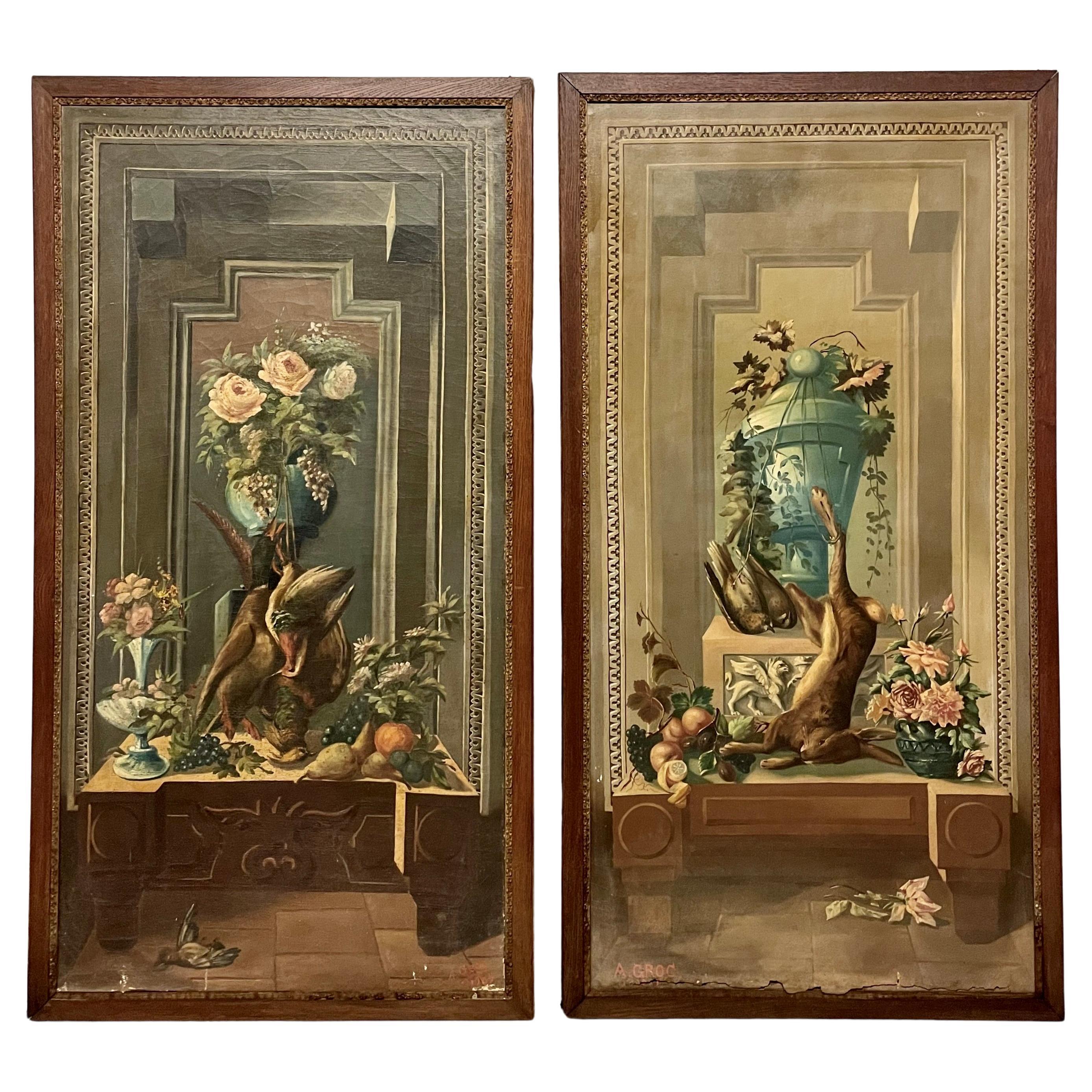 Large French Hunting Lodge Game Paintings, Set of 4 at 1stDibs