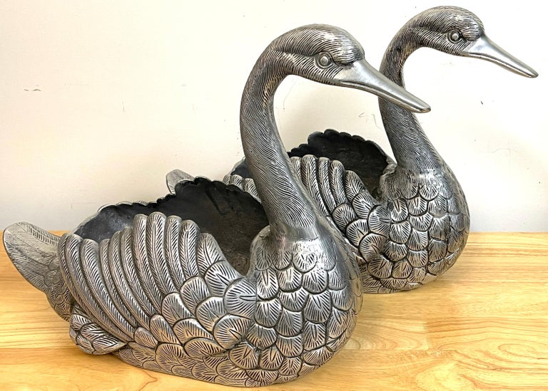 Pair of Large French Pewter Swan Cachepots For Sale at 1stDibs