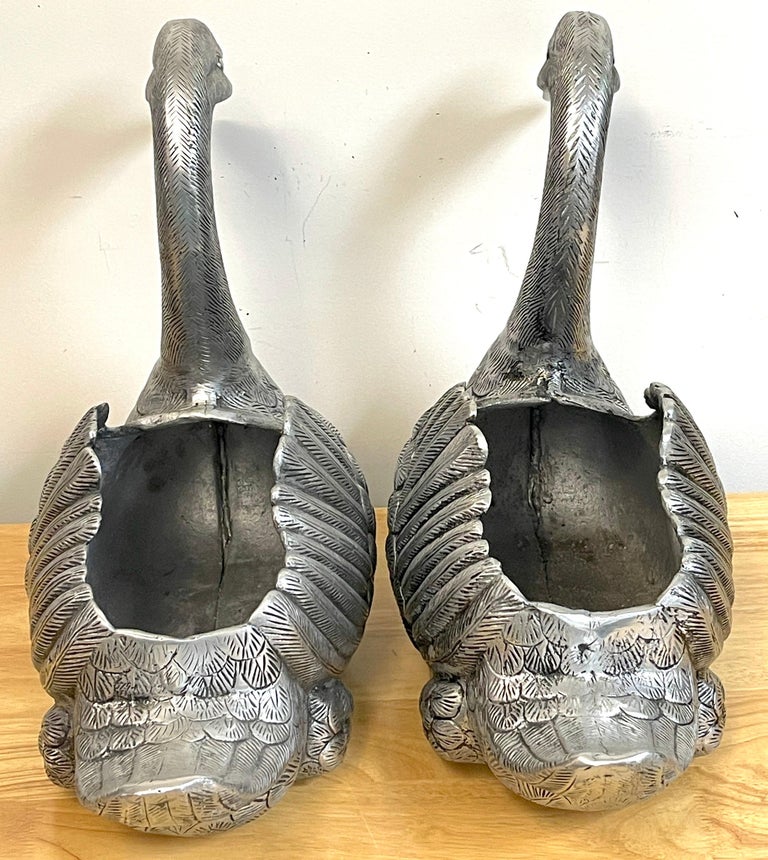 Pair of Large French Pewter Swan Cachepots For Sale at 1stDibs