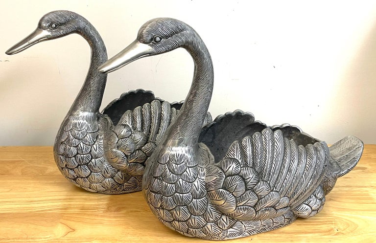 Pair of Large French Pewter Swan Cachepots For Sale at 1stDibs