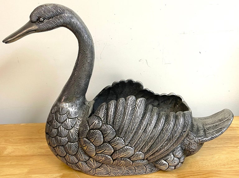 Pair of Large French Pewter Swan Cachepots For Sale at 1stDibs